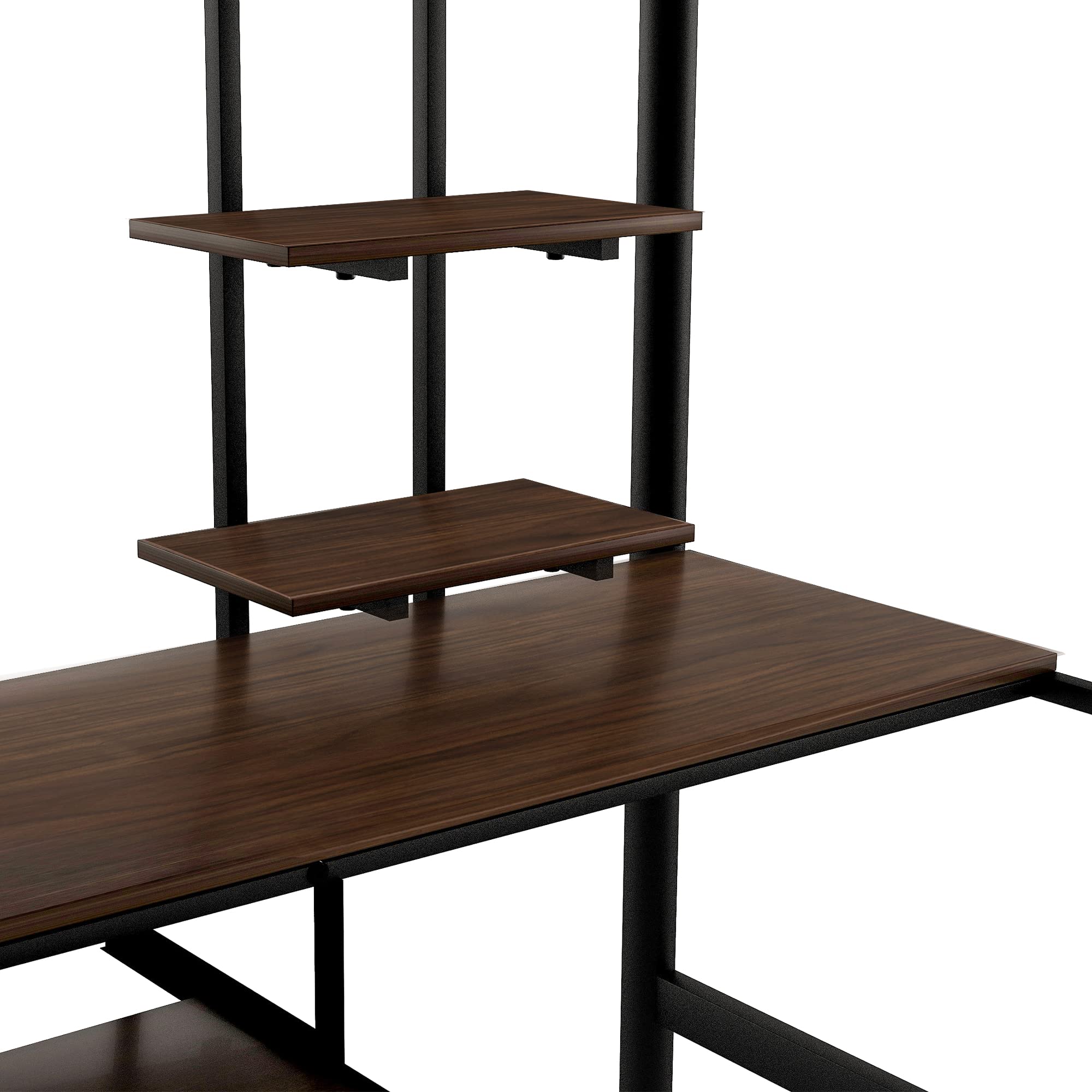 RUNWON Full Size Metal High Loft Bed with Under-Bed Long Desk and Storage Shelves for Kids Adults