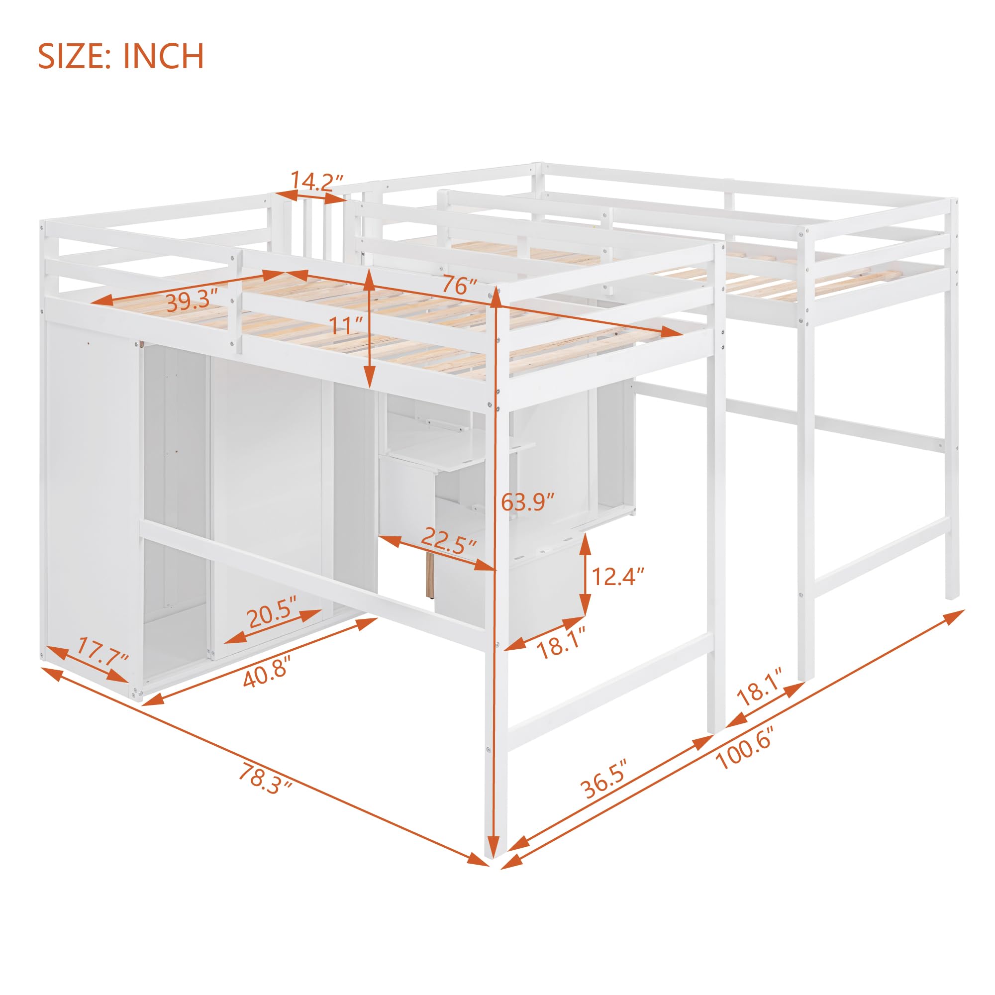 BIADNBZ Wooden Double Twin Size Loft Bed with Two Wardrobes and Staircase for Kids/Teens/Bedroom,White