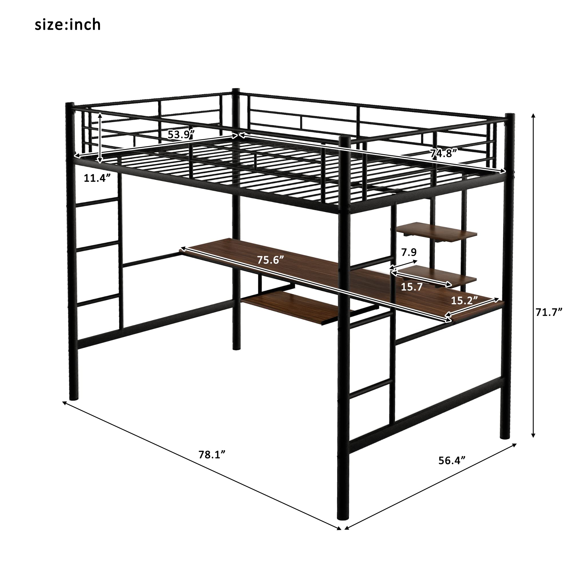 RUNWON Full Size Metal High Loft Bed with Under-Bed Long Desk and Storage Shelves for Kids Adults
