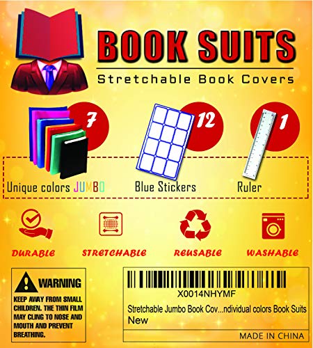 Stretchable Jumbo Book Covers 7 Pack Individual Colors Book Suits® fits Hardcover Textbooks up to 9.5" X 14" Durable Washable Reusable Extras Labels and Ruler