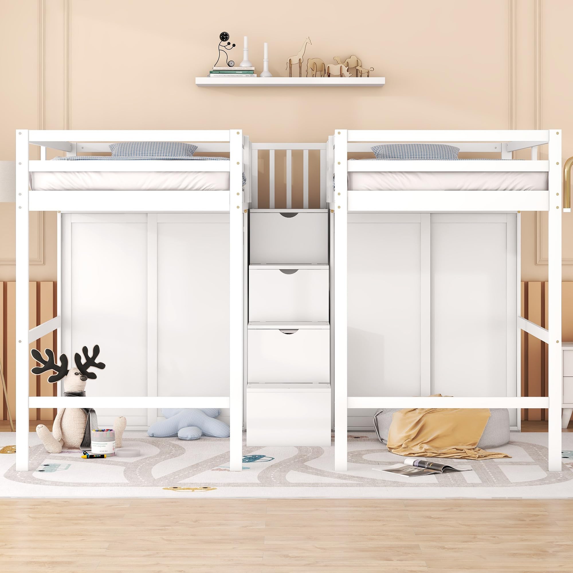 BIADNBZ Wooden Double Twin Size Loft Bed with Two Wardrobes and Staircase for Kids/Teens/Bedroom,White