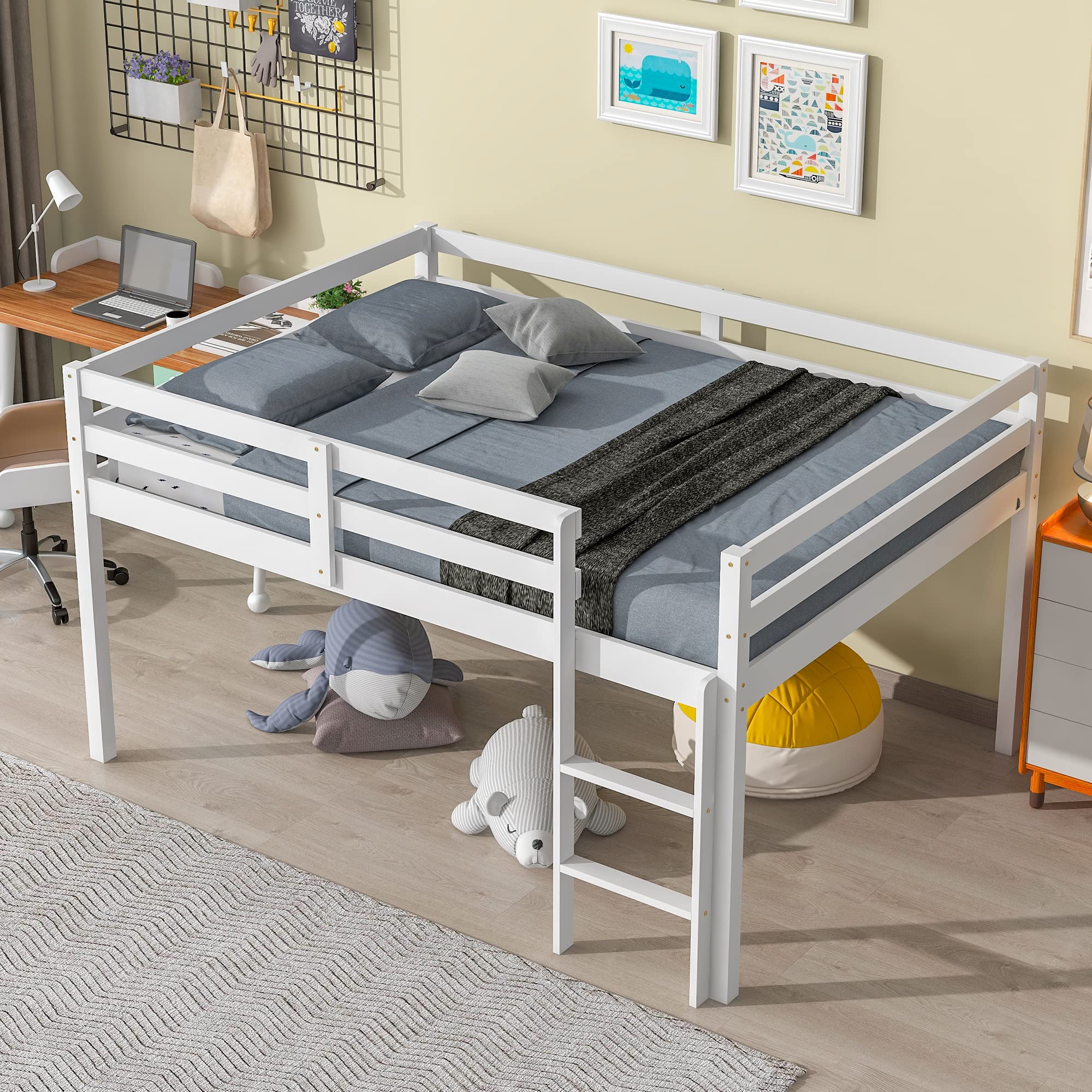 HZHOME Full Loft Bed for Kids,Solid Wood Low Loft Bed with Guardrails and Ladder,Full Size Junior Loft Bed with Underneath Space for Boys or Girls,No Box Spring Needed, White