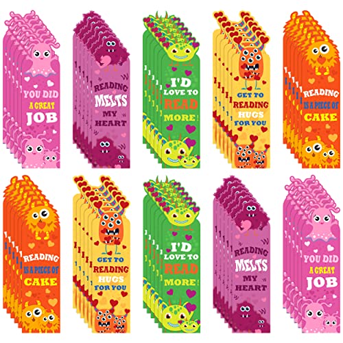 algpty 60 Pieces Cute Monster Bookmarks Bulk for Kids Saying Bookmarks for Girls and Boys Bookmarks for Teachers Students School Classroom Kids Party Favors Birthday Gifts for Kids Girls