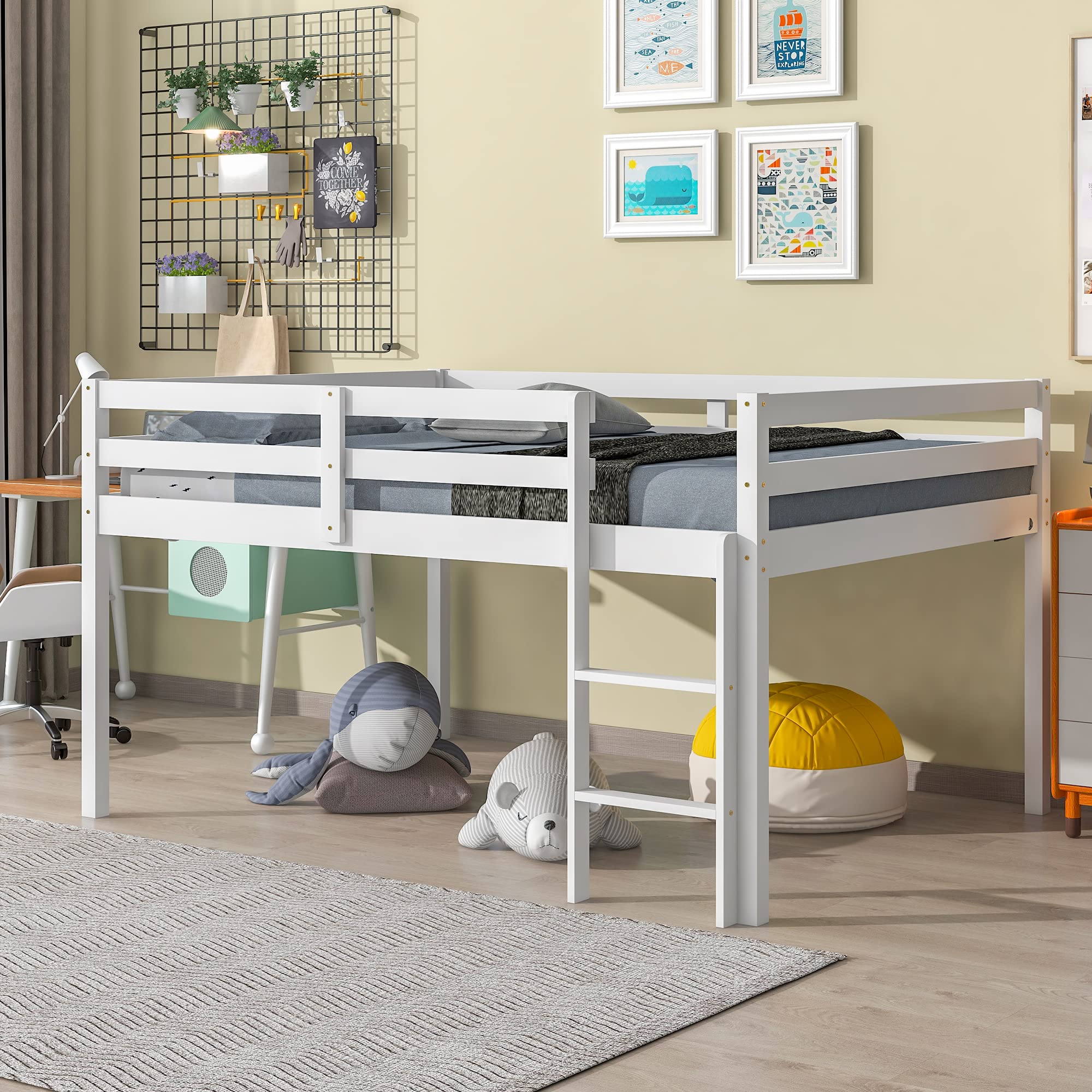 HZHOME Full Loft Bed for Kids,Solid Wood Low Loft Bed with Guardrails and Ladder,Full Size Junior Loft Bed with Underneath Space for Boys or Girls,No Box Spring Needed, White