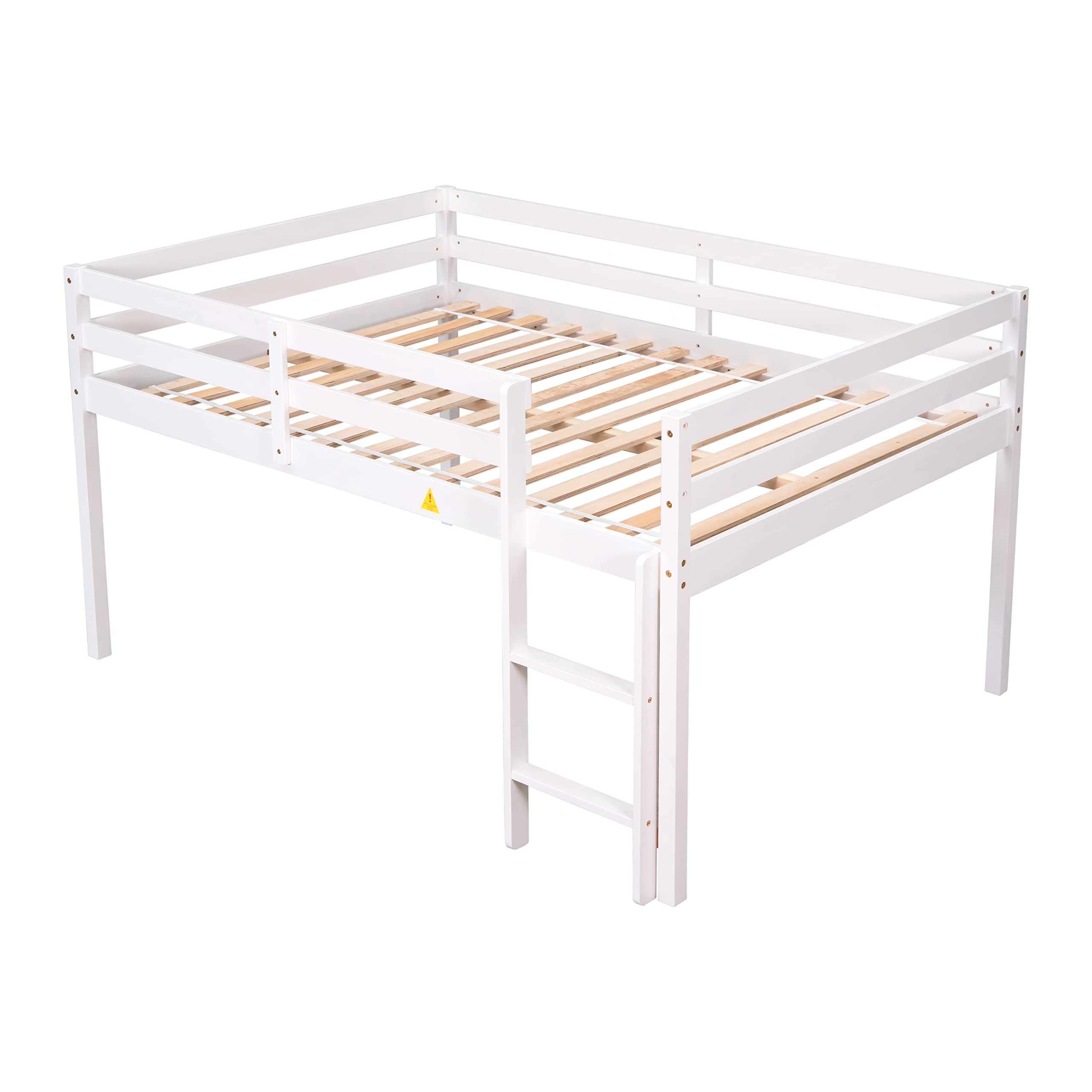 HZHOME Full Loft Bed for Kids,Solid Wood Low Loft Bed with Guardrails and Ladder,Full Size Junior Loft Bed with Underneath Space for Boys or Girls,No Box Spring Needed, White