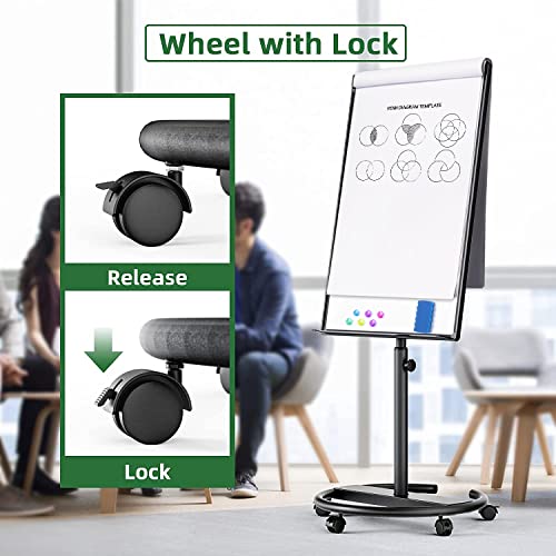 Mobile Whiteboard, Magnetic Dry Erase Board with Stand 40x28 inch, Height Adjustable Flipchart Easel Movable Rolling Stand White Board on Wheels with Dry Erase Markers, Magnets, Eraser (Black)