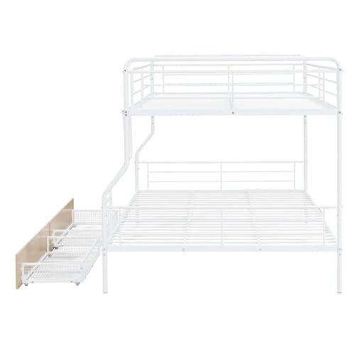 ATY Metal Bunk Bed Full XL Over Queen Size with 2 Drawers, Convertible Sturdy Bedframe w/Ladder and Guardrail, Can Seperated into 2Beds,No Box Spring Needed, for Kids, Teens, Adults, White