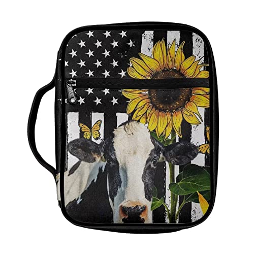 Belidome USA Bible Cover for Women Girl American Flag with Sunflower Cow Print Bible Case Tote Bag for Book Carrying Church Library Accessories Patriotic Fourth of July Independence Day Gifts