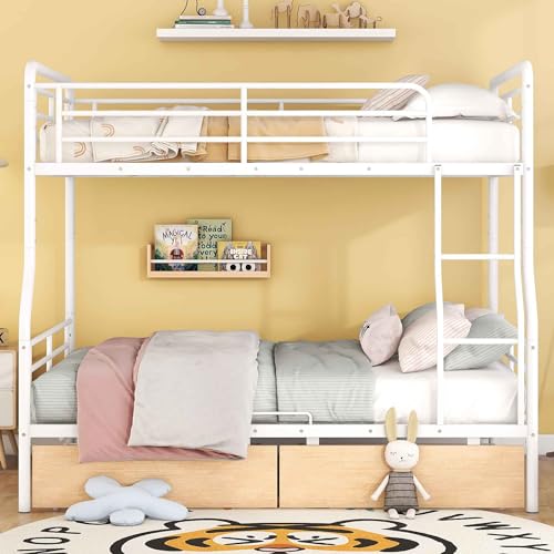 ATY Metal Bunk Bed Full XL Over Queen Size with 2 Drawers, Convertible Sturdy Bedframe w/Ladder and Guardrail, Can Seperated into 2Beds,No Box Spring Needed, for Kids, Teens, Adults, White