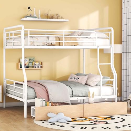 ATY Metal Bunk Bed Full XL Over Queen Size with 2 Drawers, Convertible Sturdy Bedframe w/Ladder and Guardrail, Can Seperated into 2Beds,No Box Spring Needed, for Kids, Teens, Adults, White