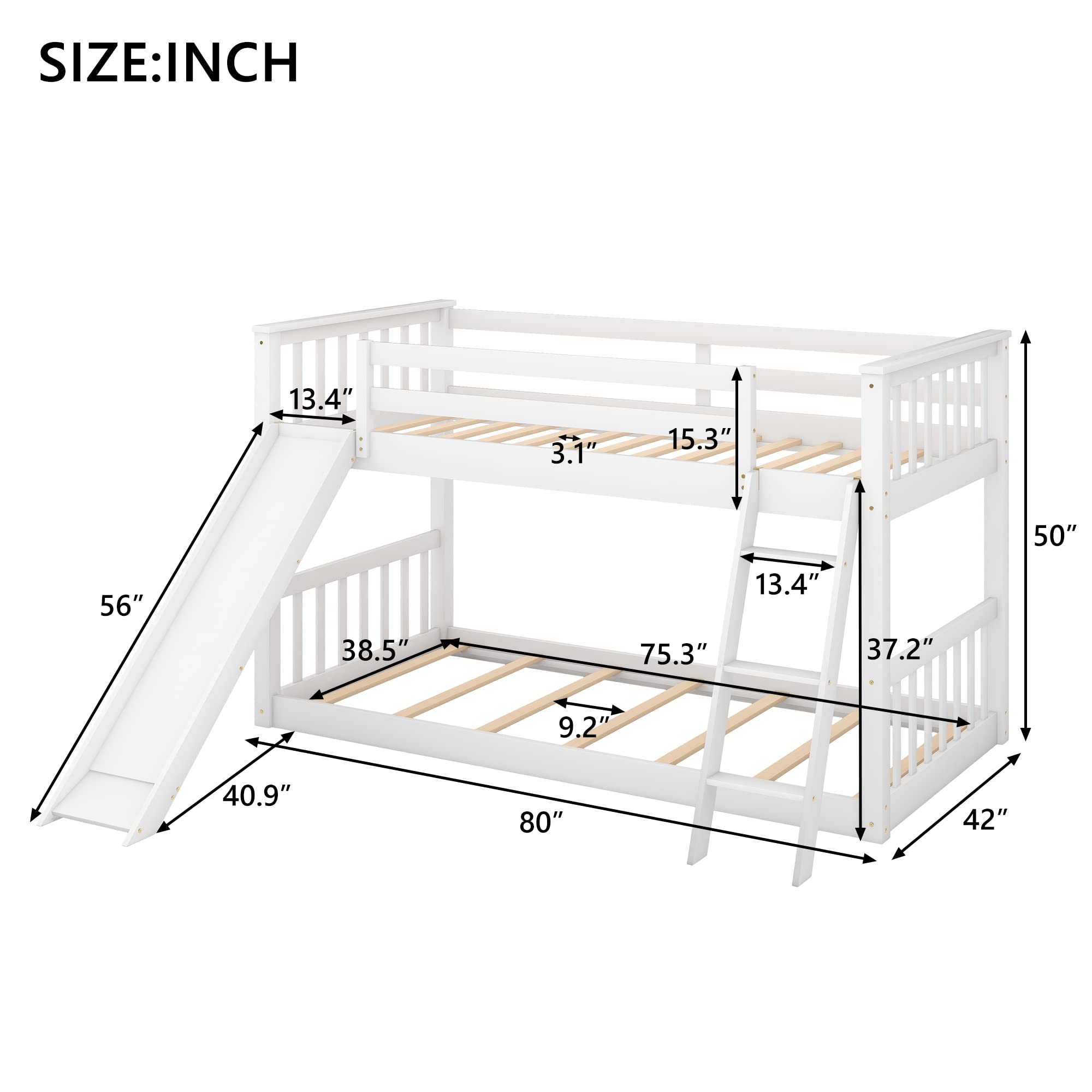 Oudiec Twin Over Twin Bunk Bed with Convertible Slide & Fence, Wood Bunk Bed Frame with Ladder&Safety Guardrail,No Box Spring Needed, White