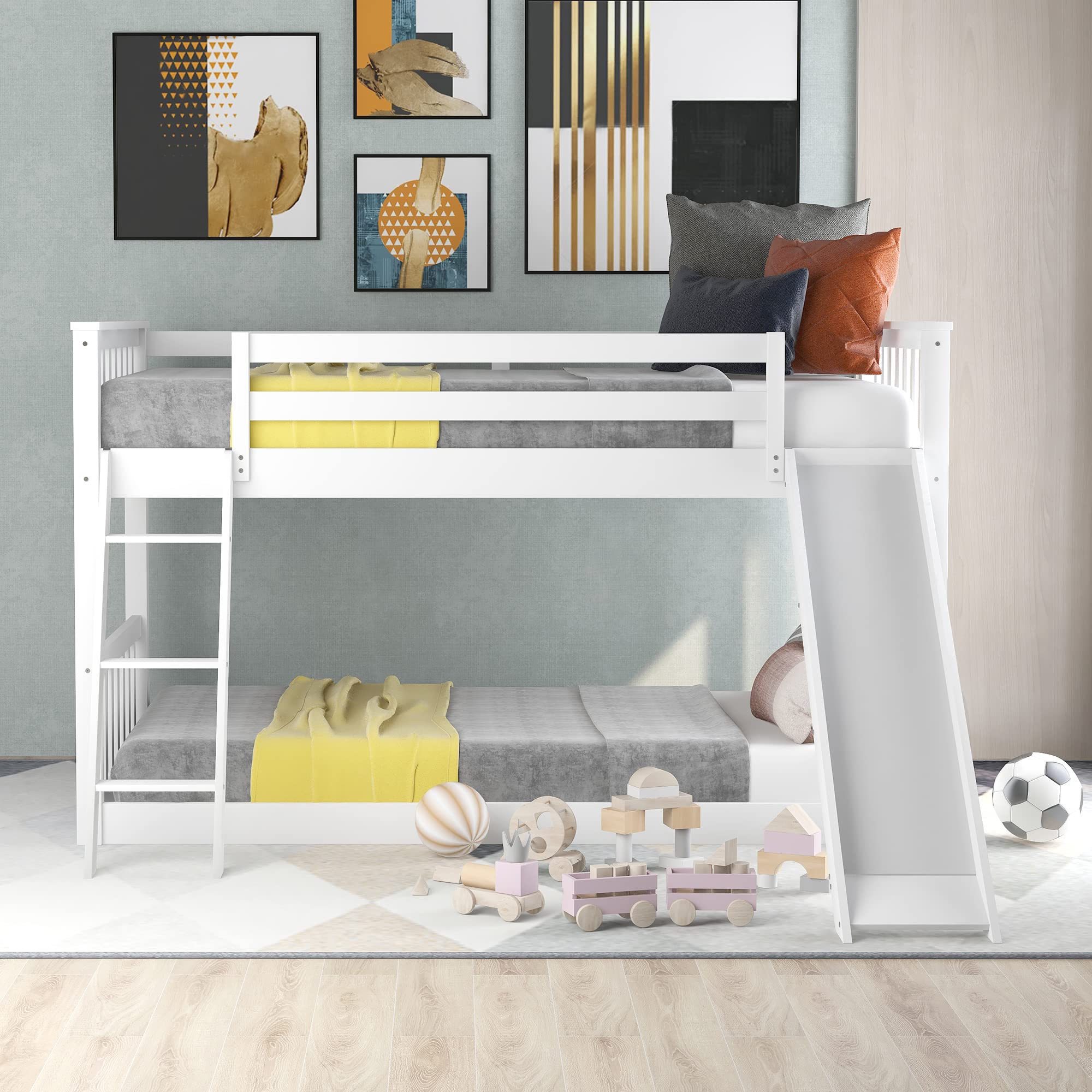 Oudiec Twin Over Twin Bunk Bed with Convertible Slide & Fence, Wood Bunk Bed Frame with Ladder&Safety Guardrail,No Box Spring Needed, White