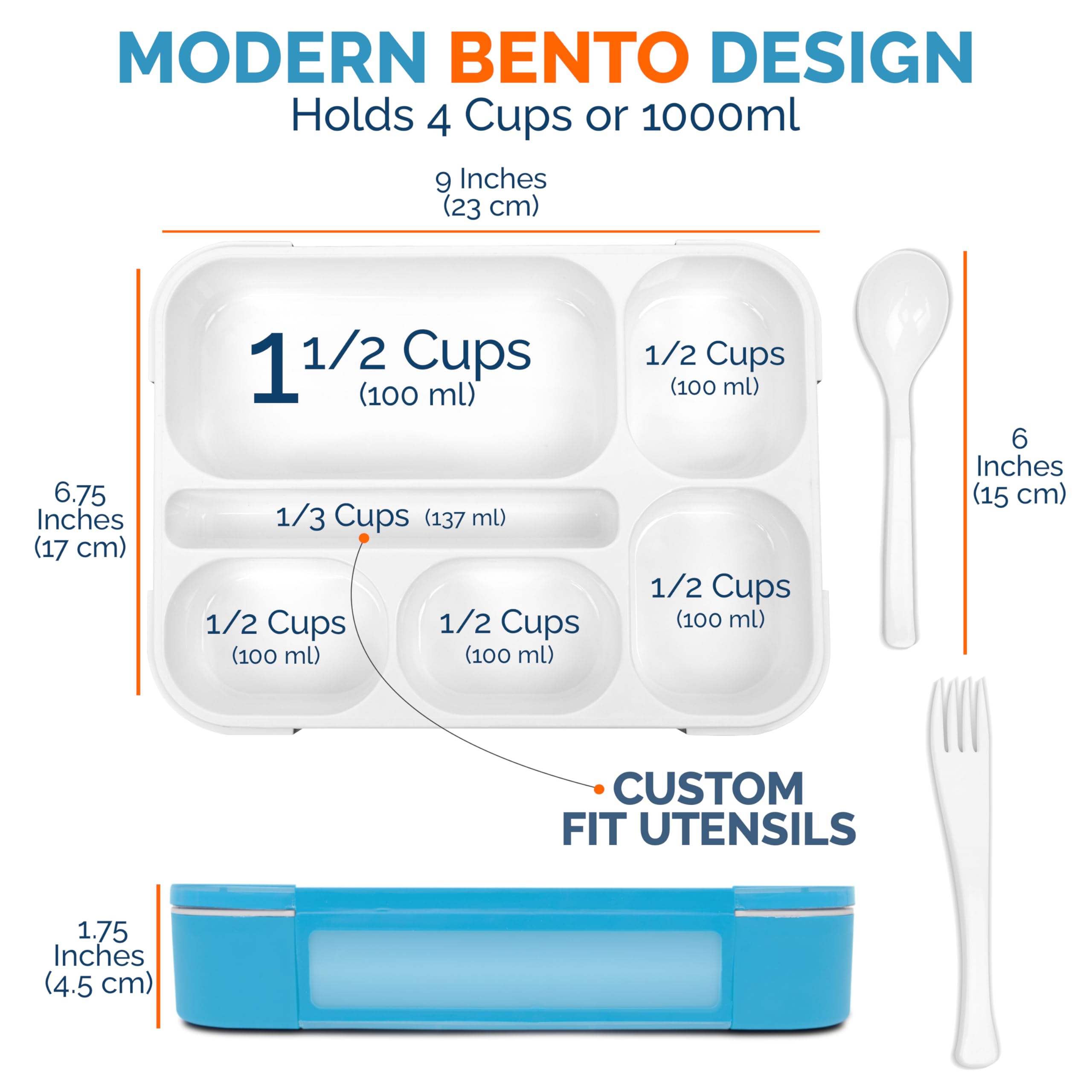 kinsho Bento Box Lunch-Box for Kids Adults | Kid Snack Lunch Containers | Leakproof School Bentobox 6 Compartment Leakproof Container for Boys Girls Womens Lunches | Utensils | Blue Set