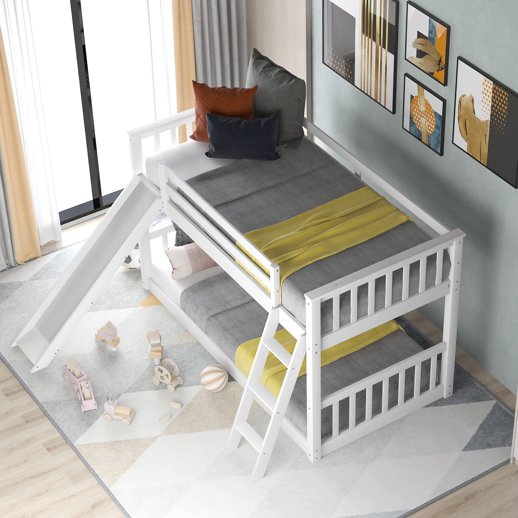 Oudiec Twin Over Twin Bunk Bed with Convertible Slide & Fence, Wood Bunk Bed Frame with Ladder&Safety Guardrail,No Box Spring Needed, White