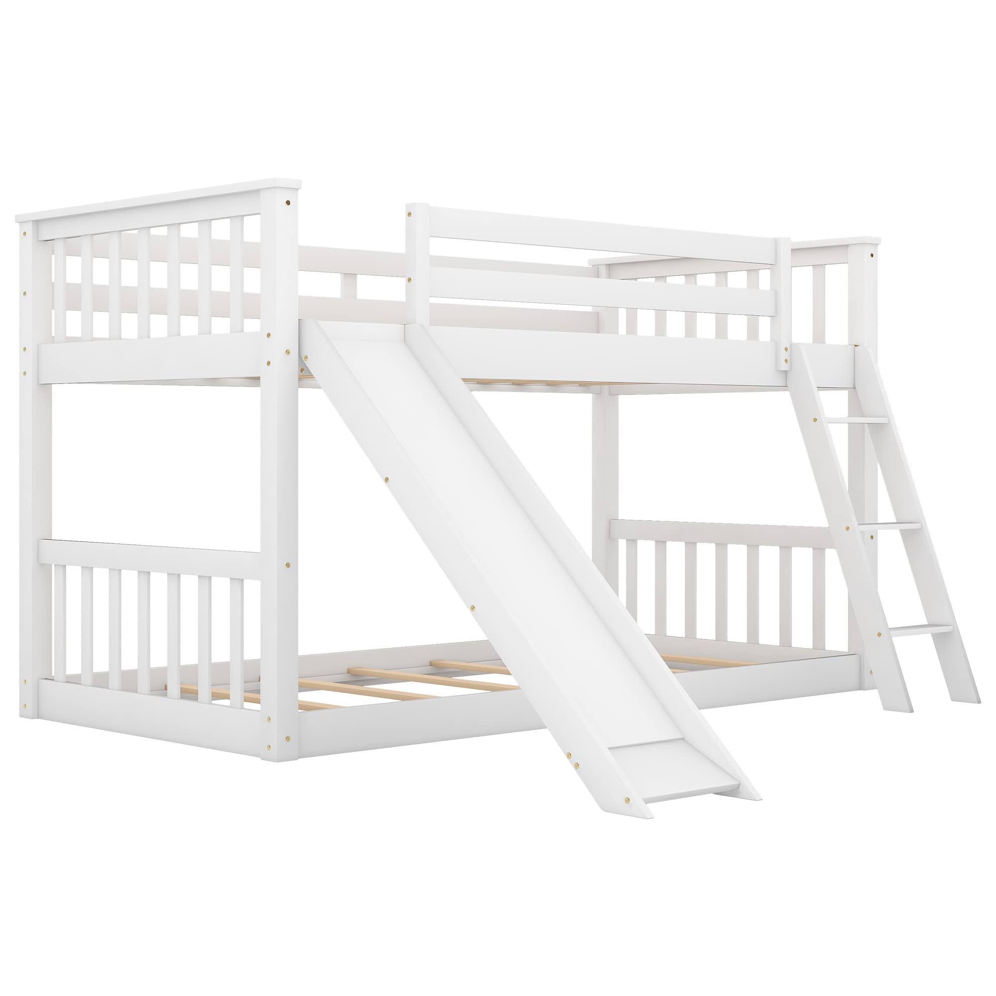 Oudiec Twin Over Twin Bunk Bed with Convertible Slide & Fence, Wood Bunk Bed Frame with Ladder&Safety Guardrail,No Box Spring Needed, White