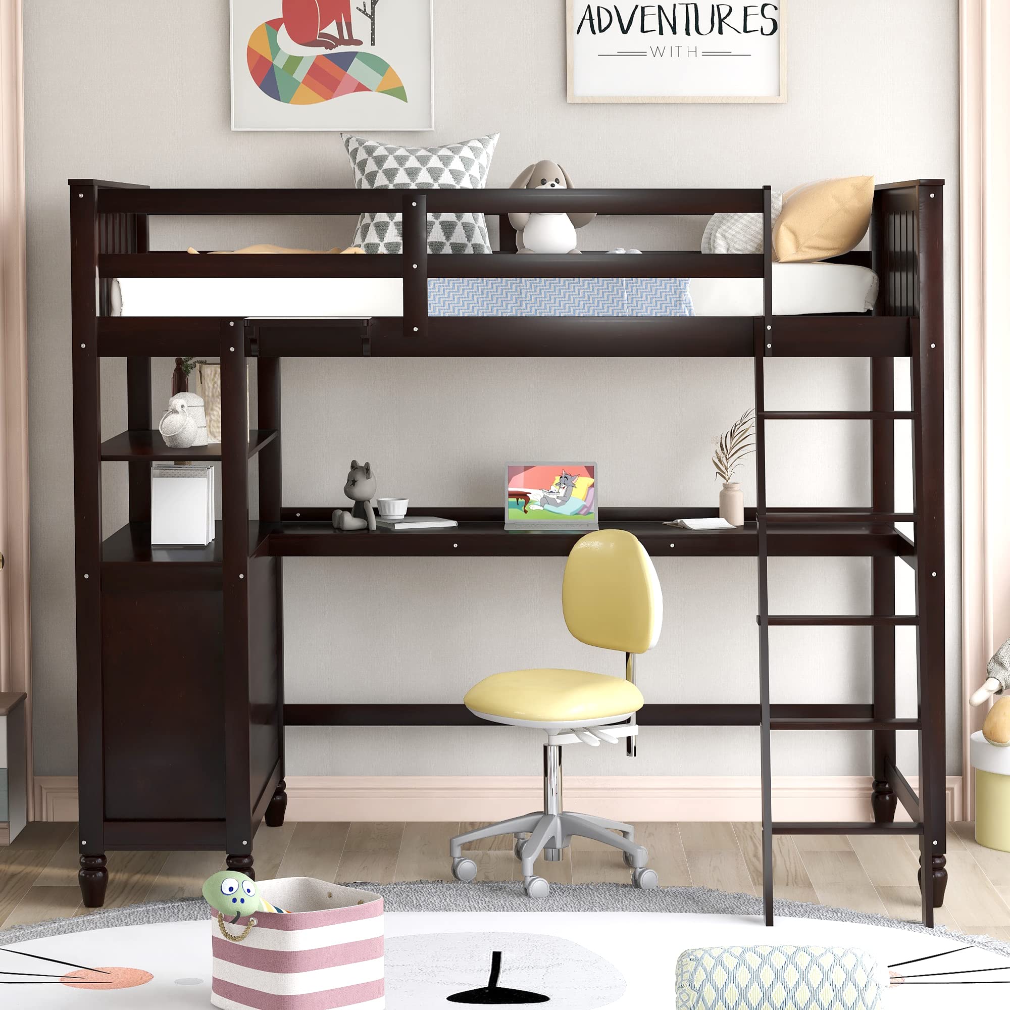 GINGVAT Twin Size Loft Bed with Drawers and Desk,Wood Loft Bed with Ladder and Shelves,for Bedroom,Dorm,Apartment,Espresso