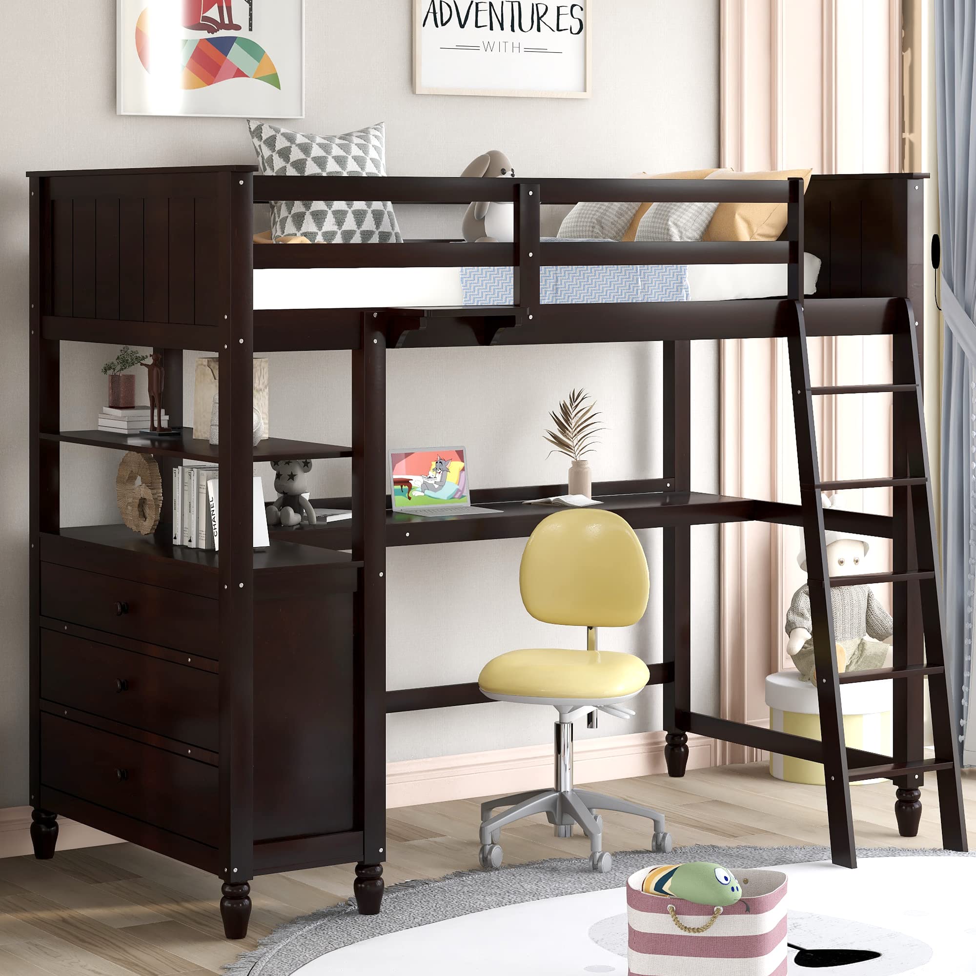 GINGVAT Twin Size Loft Bed with Drawers and Desk,Wood Loft Bed with Ladder and Shelves,for Bedroom,Dorm,Apartment,Espresso