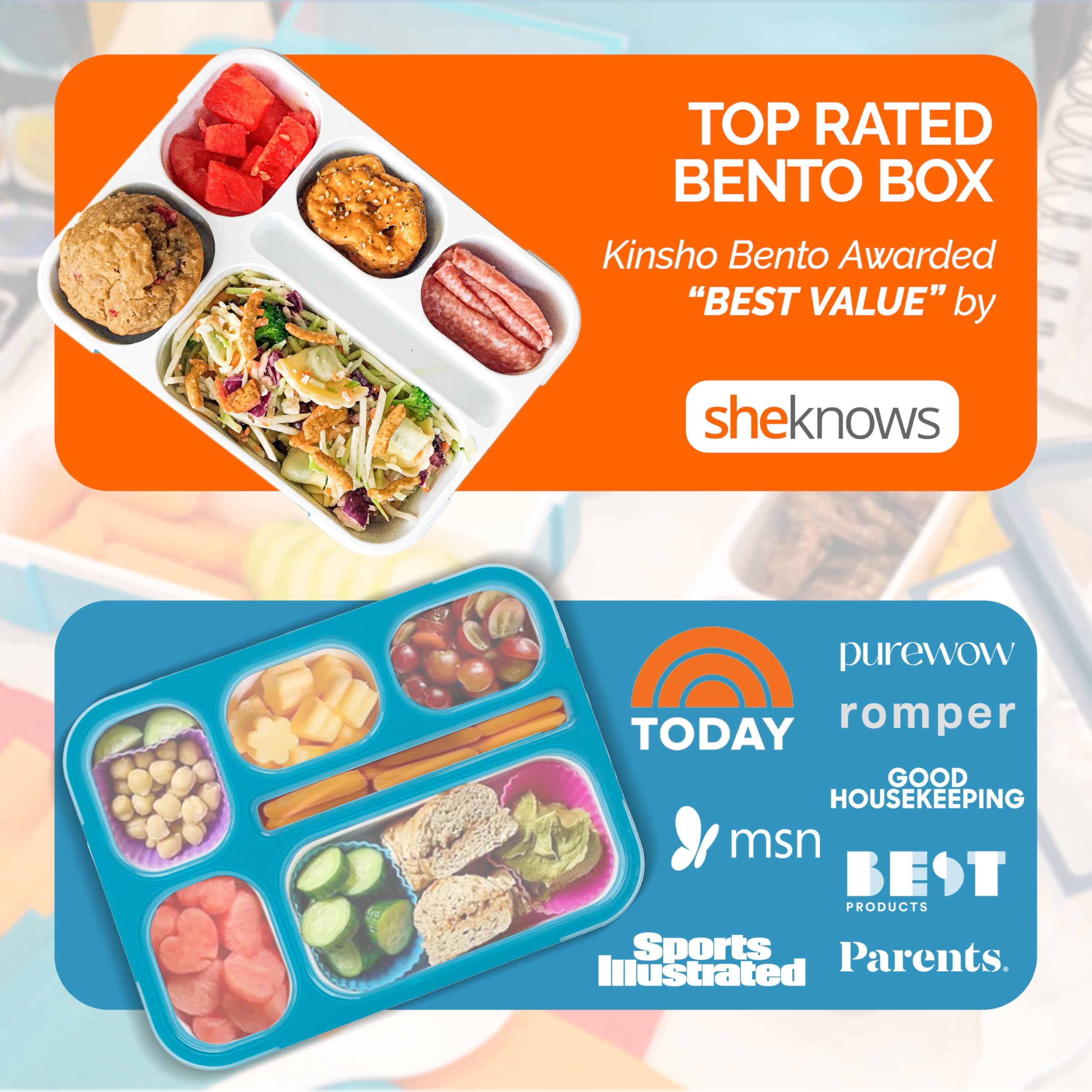 kinsho Bento Box Lunch-Box for Kids Adults | Kid Snack Lunch Containers | Leakproof School Bentobox 6 Compartment Leakproof Container for Boys Girls Womens Lunches | Utensils | Blue Set