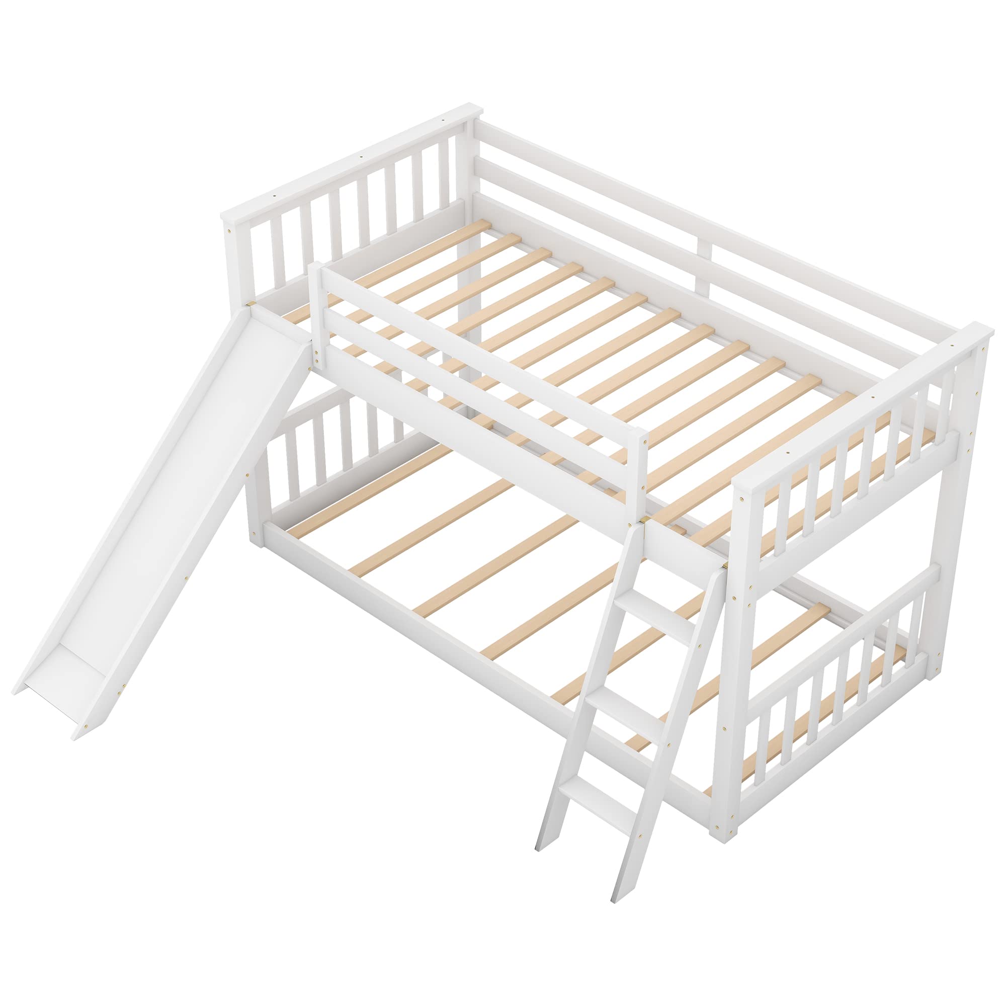 Oudiec Twin Over Twin Bunk Bed with Convertible Slide & Fence, Wood Bunk Bed Frame with Ladder&Safety Guardrail,No Box Spring Needed, White