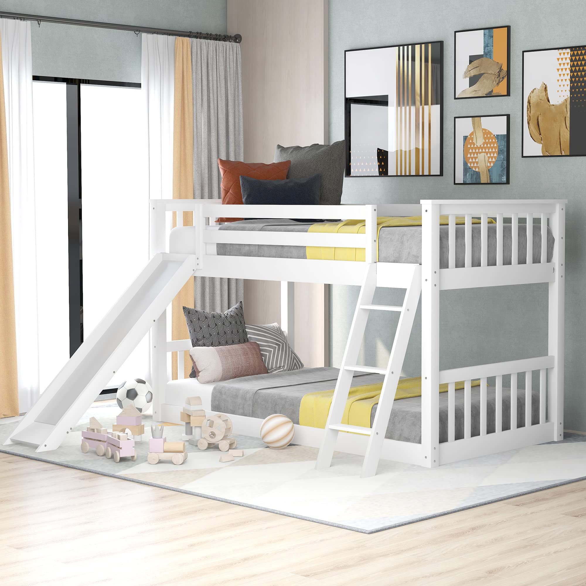 Oudiec Twin Over Twin Bunk Bed with Convertible Slide & Fence, Wood Bunk Bed Frame with Ladder&Safety Guardrail,No Box Spring Needed, White