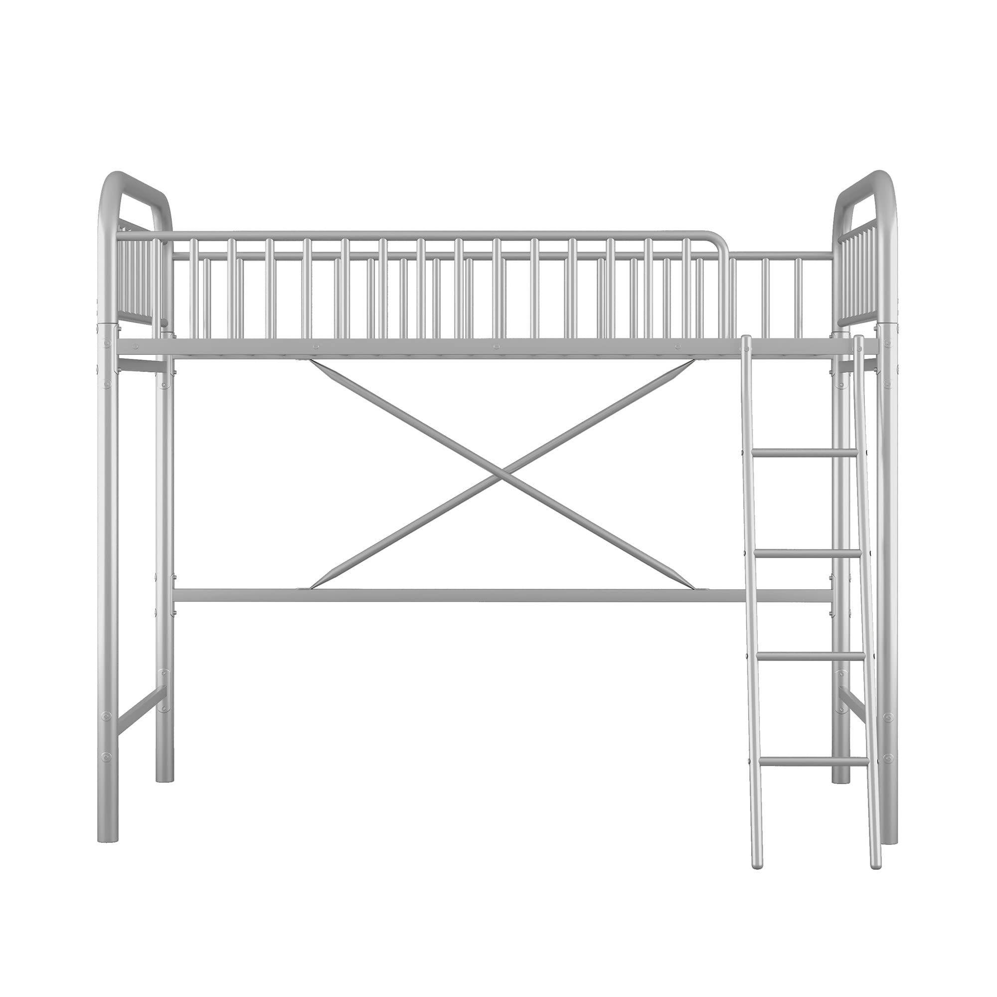 GINGVAT Twin Size Metal Loft Bed with Ladders/Full-Length Guardrails, Modern Style Study/Play Area, No Box Spring Needed, Silver