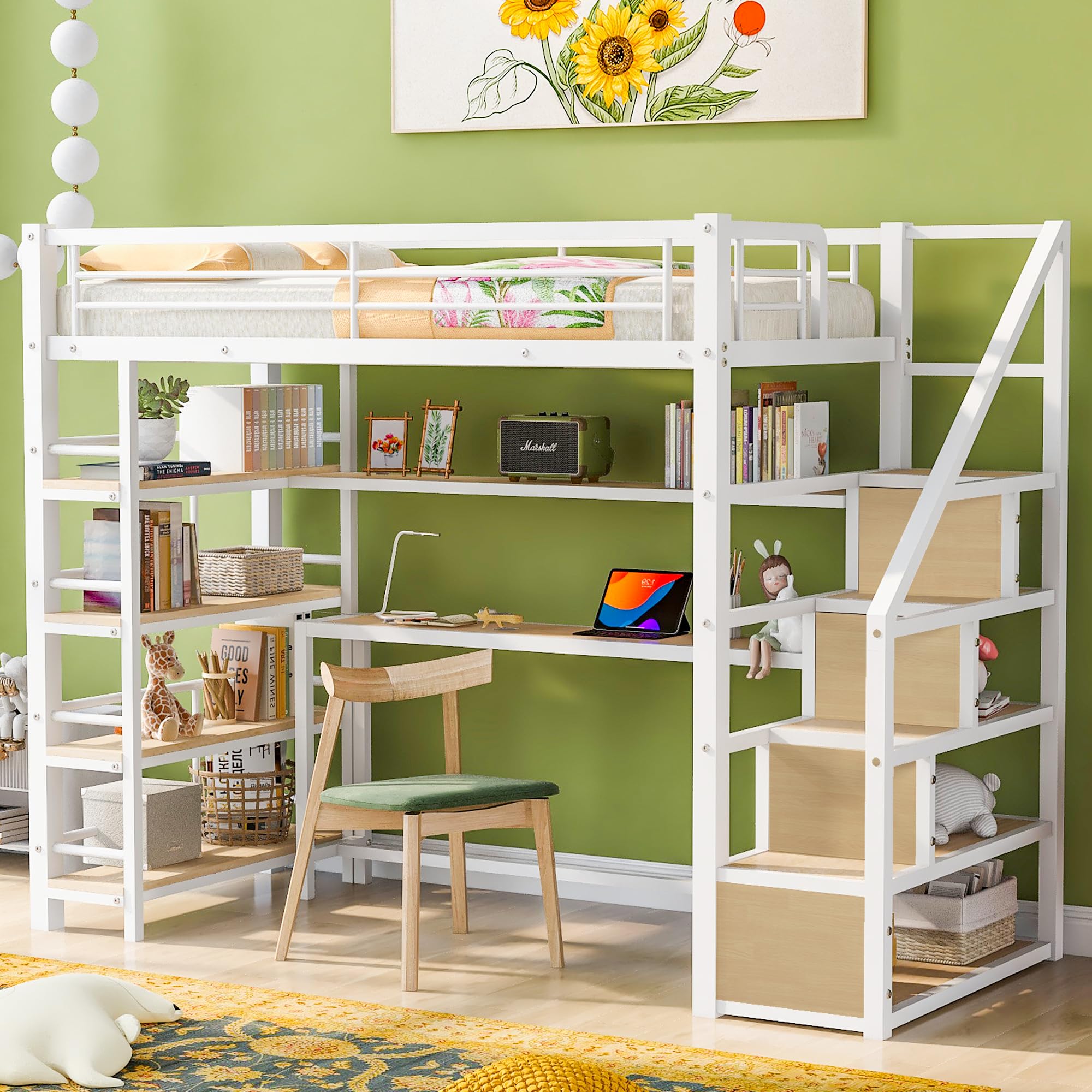 3 in 1 Design Full Size Loft Bed with Storage Staircase, Heavy Duty Metal Loft Bed Frame with Built-in Desk,3-Tier Storage Shelves and Guardrails for Bedroom Guest Room Apartment, Space Saving