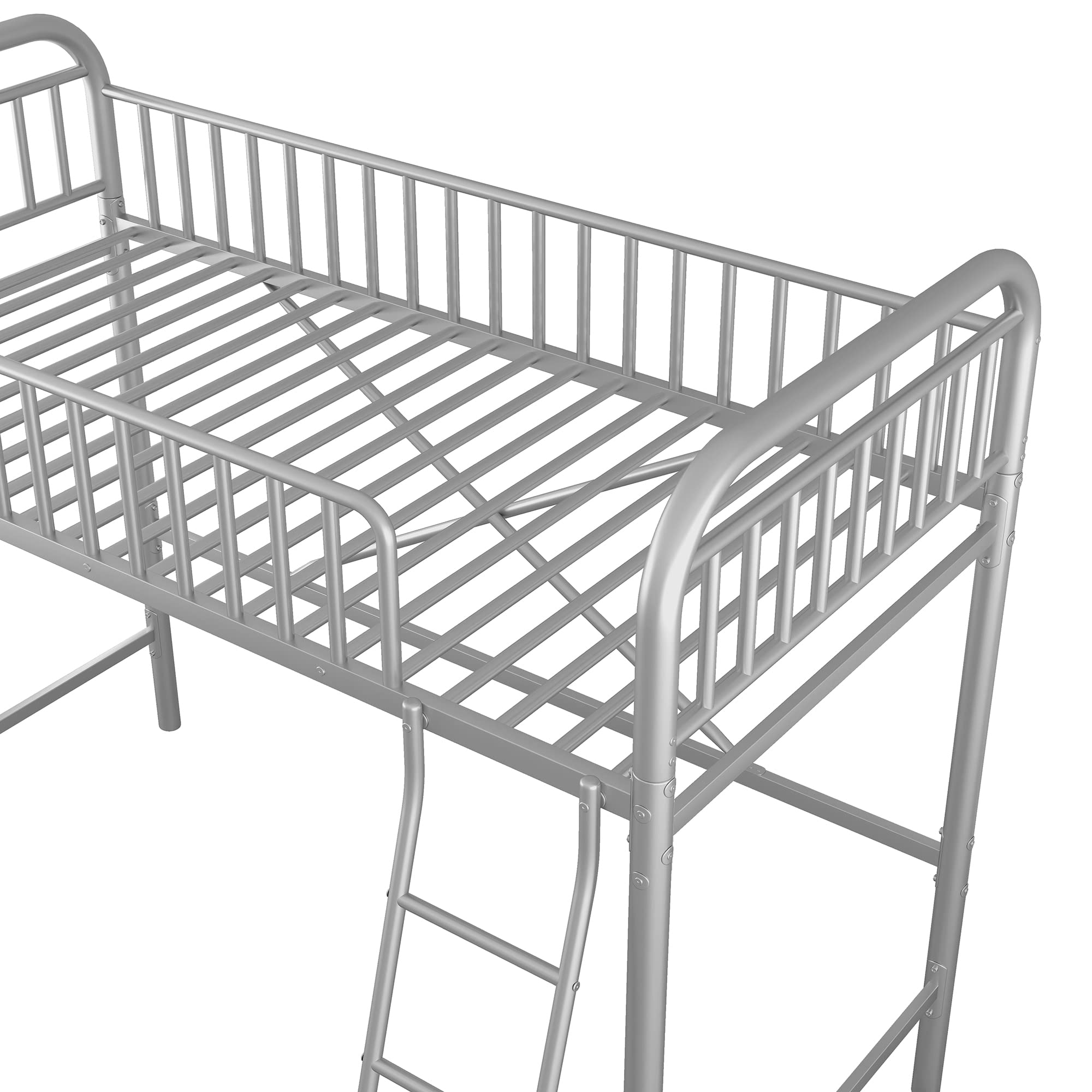 GINGVAT Twin Size Metal Loft Bed with Ladders/Full-Length Guardrails, Modern Style Study/Play Area, No Box Spring Needed, Silver