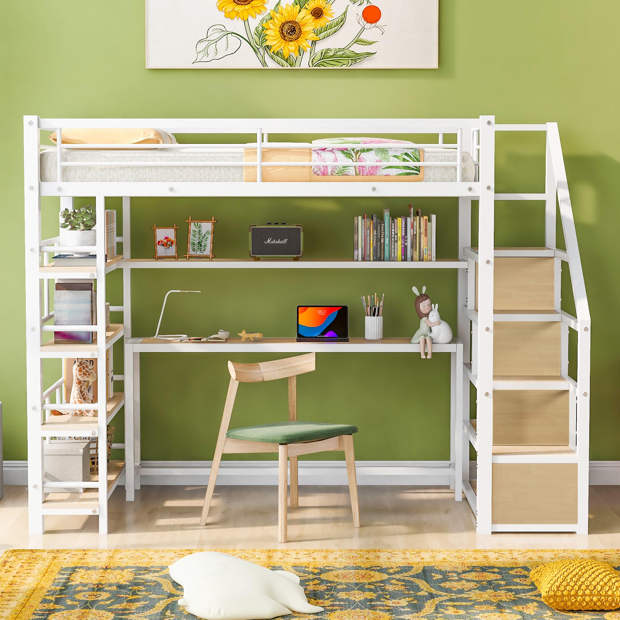 3 in 1 Design Full Size Loft Bed with Storage Staircase, Heavy Duty Metal Loft Bed Frame with Built-in Desk,3-Tier Storage Shelves and Guardrails for Bedroom Guest Room Apartment, Space Saving