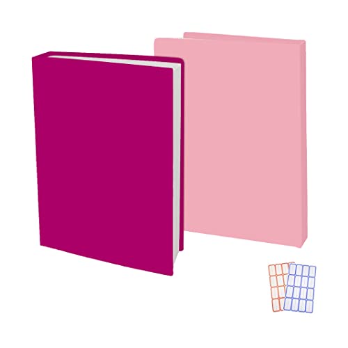 2 Pack Stretchable Book Sleeve Covers, for Paperbacks Hardcover Textbooks up to 9" x 12", Office Supplies with Free Sticker Labels (2 Pack, Rose Red + Pink)