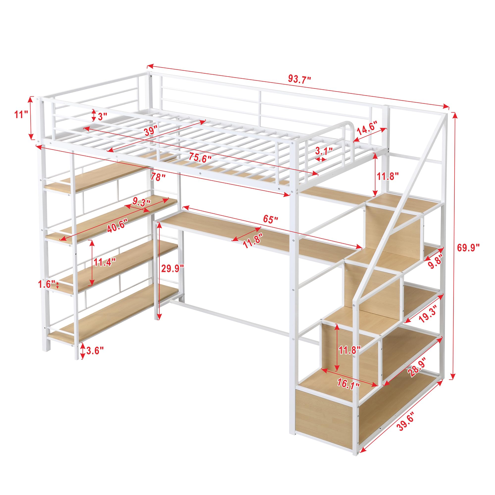 3 in 1 Design Full Size Loft Bed with Storage Staircase, Heavy Duty Metal Loft Bed Frame with Built-in Desk,3-Tier Storage Shelves and Guardrails for Bedroom Guest Room Apartment, Space Saving