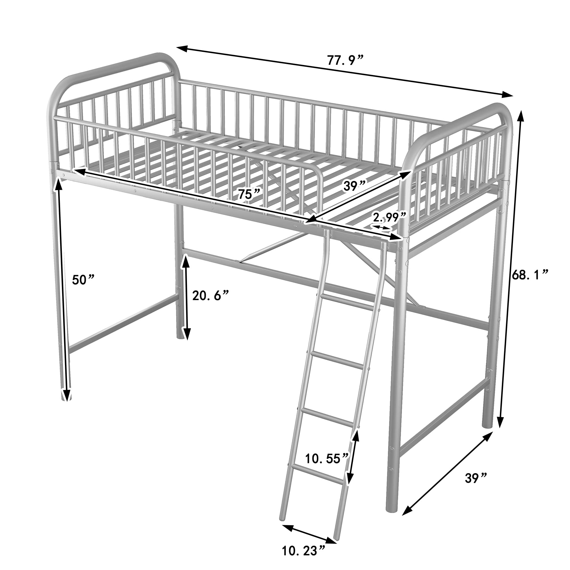 GINGVAT Twin Size Metal Loft Bed with Ladders/Full-Length Guardrails, Modern Style Study/Play Area, No Box Spring Needed, Silver