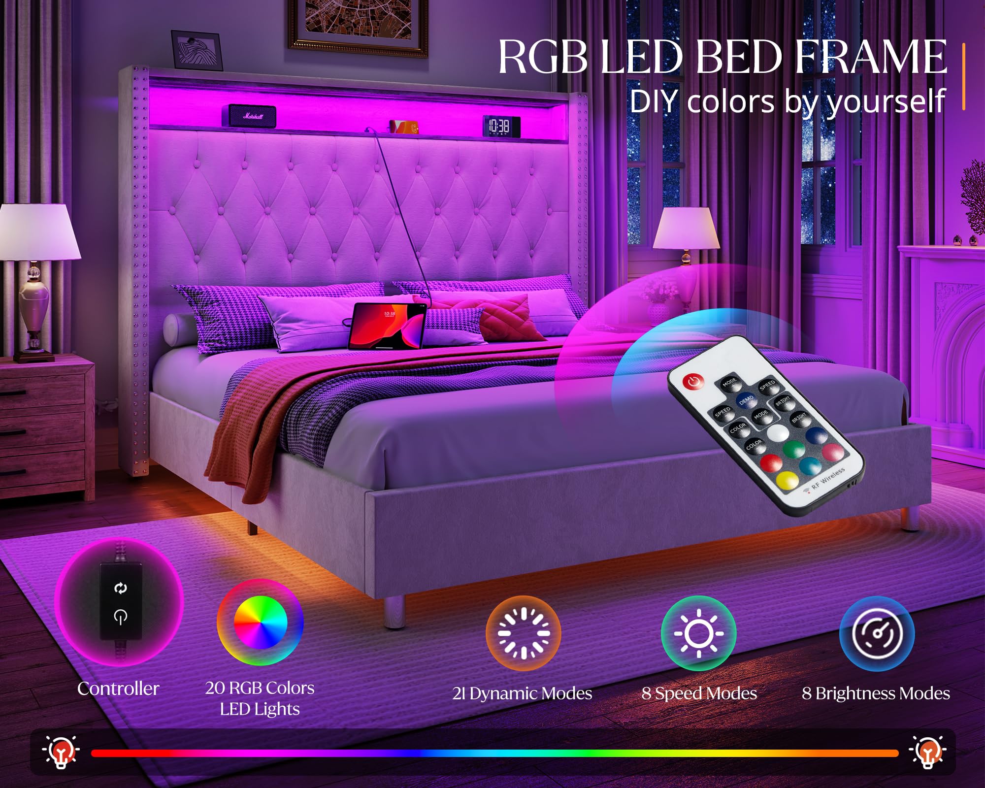 Jocisland Queen Size Bed Frame 53.6'' Tall Headboard LED Lights Charging Station, Velvet Hign Upholstered Platform Bed Wingback Storage, No Box Spring Needed, Motion Activated Light, Light Gray