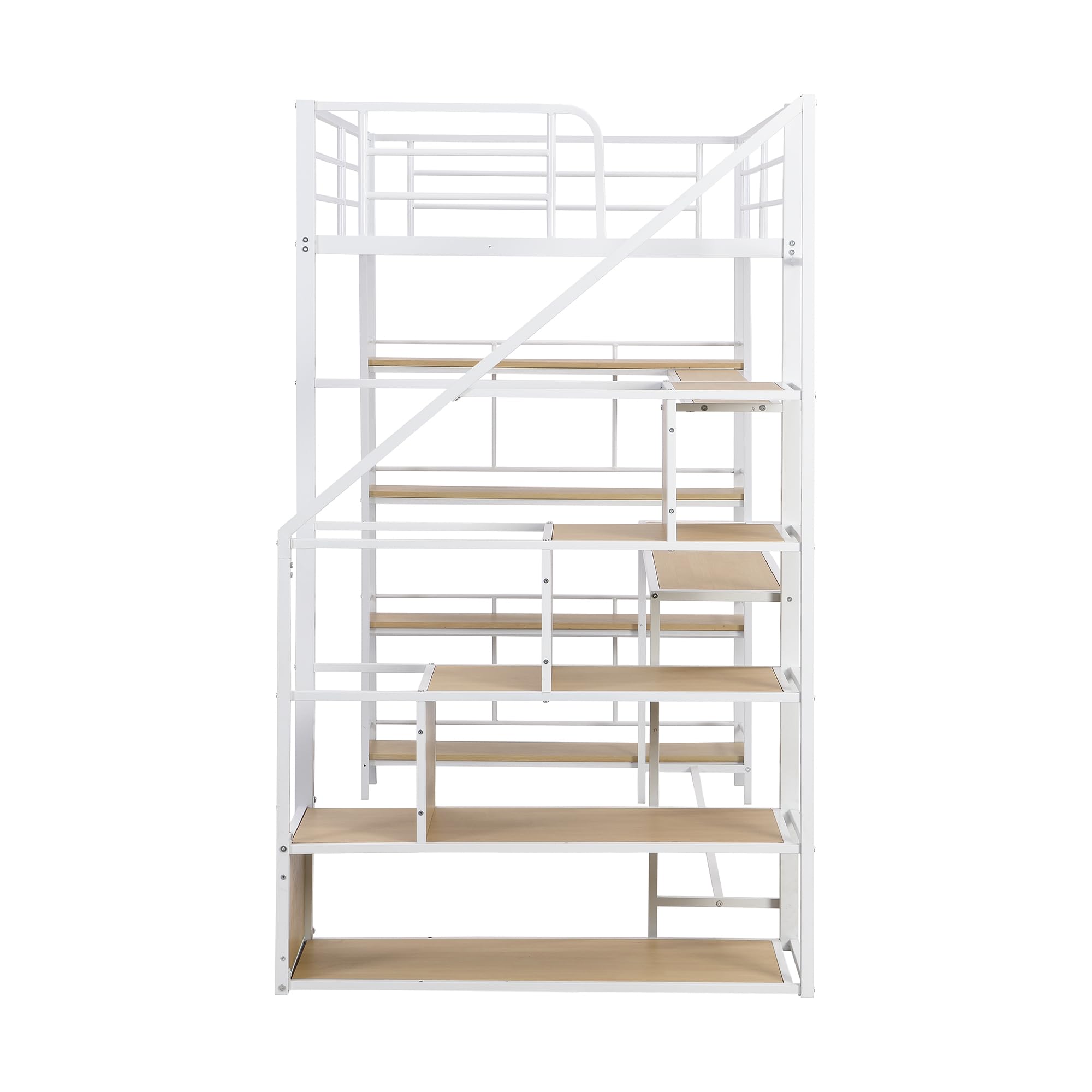 3 in 1 Design Full Size Loft Bed with Storage Staircase, Heavy Duty Metal Loft Bed Frame with Built-in Desk,3-Tier Storage Shelves and Guardrails for Bedroom Guest Room Apartment, Space Saving