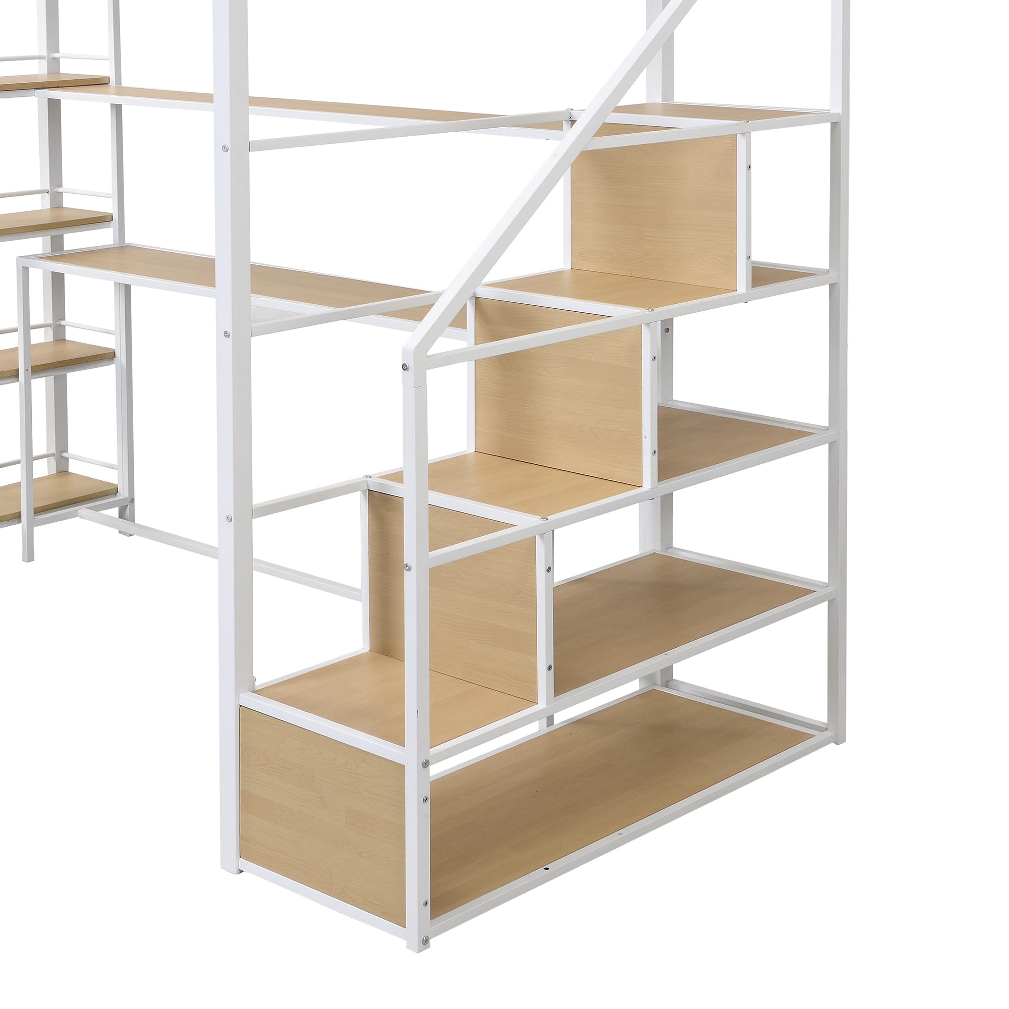 3 in 1 Design Full Size Loft Bed with Storage Staircase, Heavy Duty Metal Loft Bed Frame with Built-in Desk,3-Tier Storage Shelves and Guardrails for Bedroom Guest Room Apartment, Space Saving