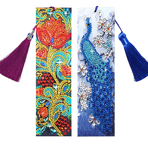 2 Pcs Diamond Painting Tassels Bookmarks Art 5D DIY Rose & Peacock Gem Dotz Rhinestone Kits Leather Bookmark for Graduation Anniversary Birthday Christmas Kids Adults Beginners