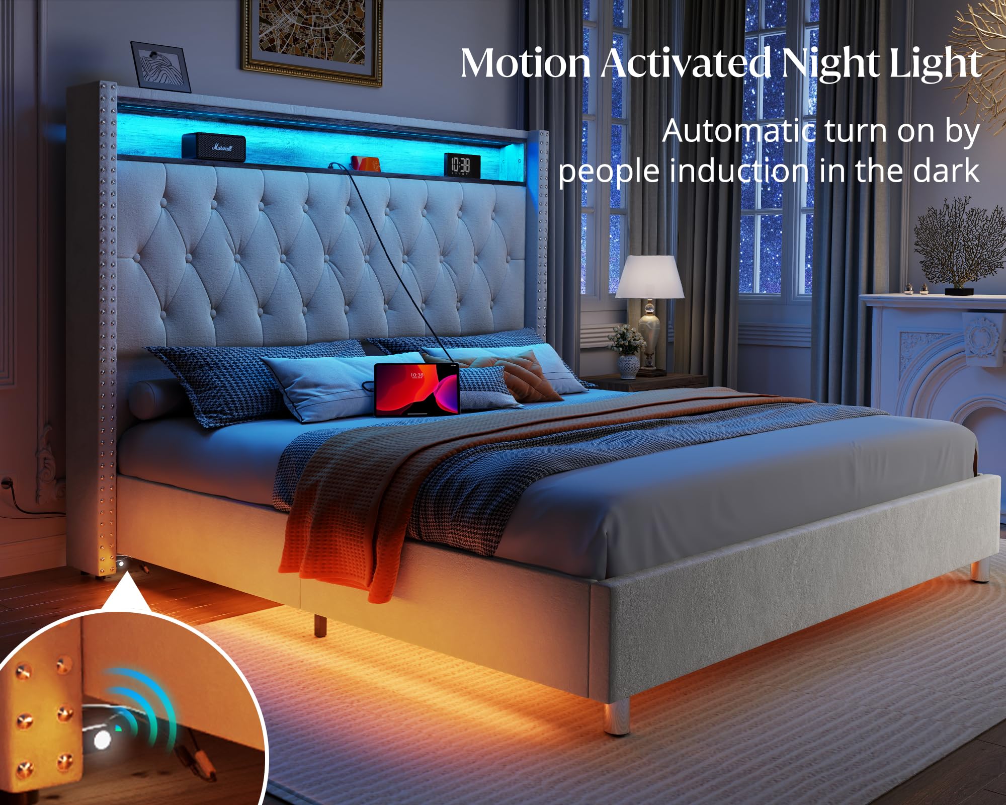 Jocisland Queen Size Bed Frame 53.6'' Tall Headboard LED Lights Charging Station, Velvet Hign Upholstered Platform Bed Wingback Storage, No Box Spring Needed, Motion Activated Light, Light Gray