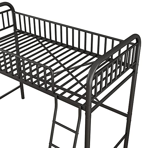 GINGVAT Twin Size Metal Loft Bed with Ladders/Full-Length Guardrails, Modern Style Study/Play Area, No Box Spring Needed, Black
