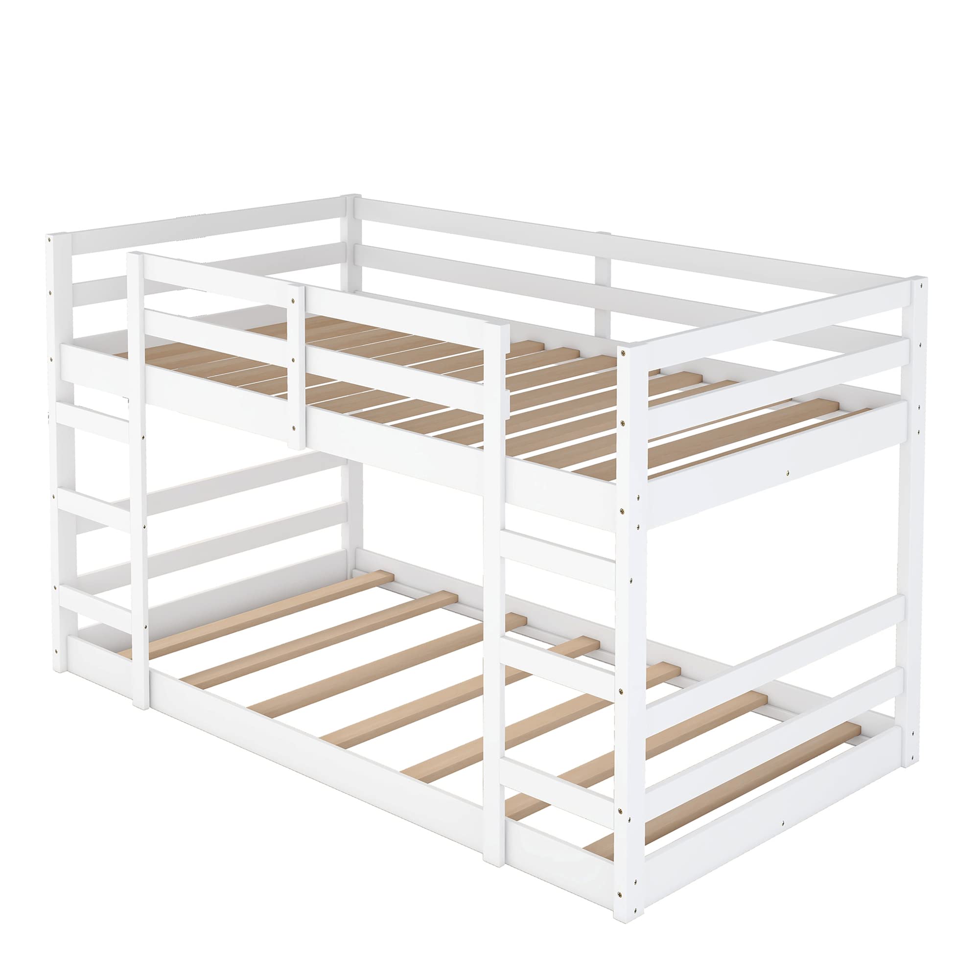 Prohon Twin Over Twin Bunk Bed for Kids Teens, Low Bunk Bed with Ladder and Guard Rail, Space Saving Bunkbed Solid Wood Slats Support No Box Spring Needed, Gray
