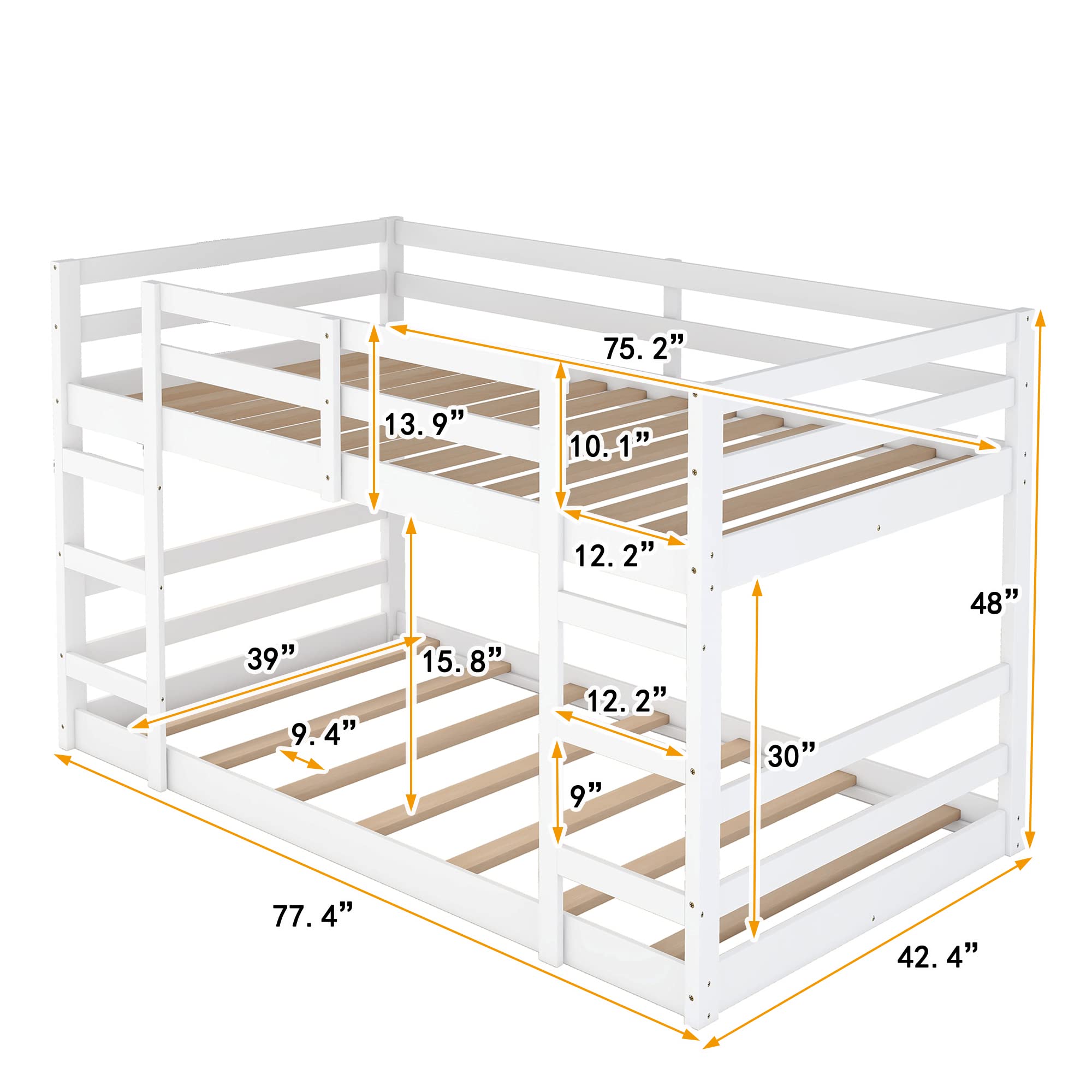 Prohon Twin Over Twin Bunk Bed for Kids Teens, Low Bunk Bed with Ladder and Guard Rail, Space Saving Bunkbed Solid Wood Slats Support No Box Spring Needed, Gray