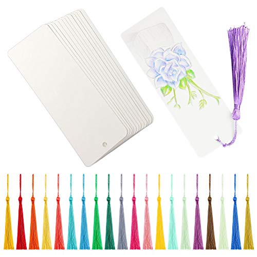 Vankcp 120 Pieces Blank Kraft Paper Bookmark with Colorful Tassels Gifts Tags Cardstock for Kids, DIY Art Projects, School Supply, Crafts, Stationery (5'' x 2'') (White Bookmarks)