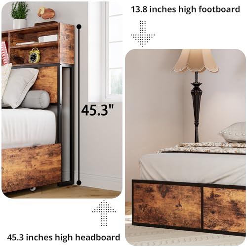LIKIMIO Queen Bed Frame with Drawers 4 Storage Drawers & Bookcase Headboard & Charging Station, Sturdy and No Noise Platform Bed, No Box Spring Needed, Easy Assembly, Vintage Brown