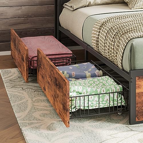 LIKIMIO Queen Bed Frame with Drawers 4 Storage Drawers & Bookcase Headboard & Charging Station, Sturdy and No Noise Platform Bed, No Box Spring Needed, Easy Assembly, Vintage Brown
