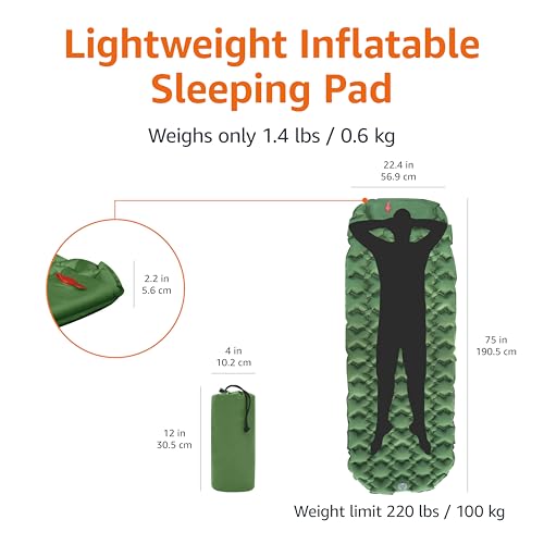 Amazon Basics Sleeping Pad, Folding,Inflatable,Built-In Foot Pump, Single, Olive Green