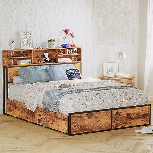 LIKIMIO Queen Bed Frame with Drawers 4 Storage Drawers & Bookcase Headboard & Charging Station, Sturdy and No Noise Platform Bed, No Box Spring Needed, Easy Assembly, Vintage Brown