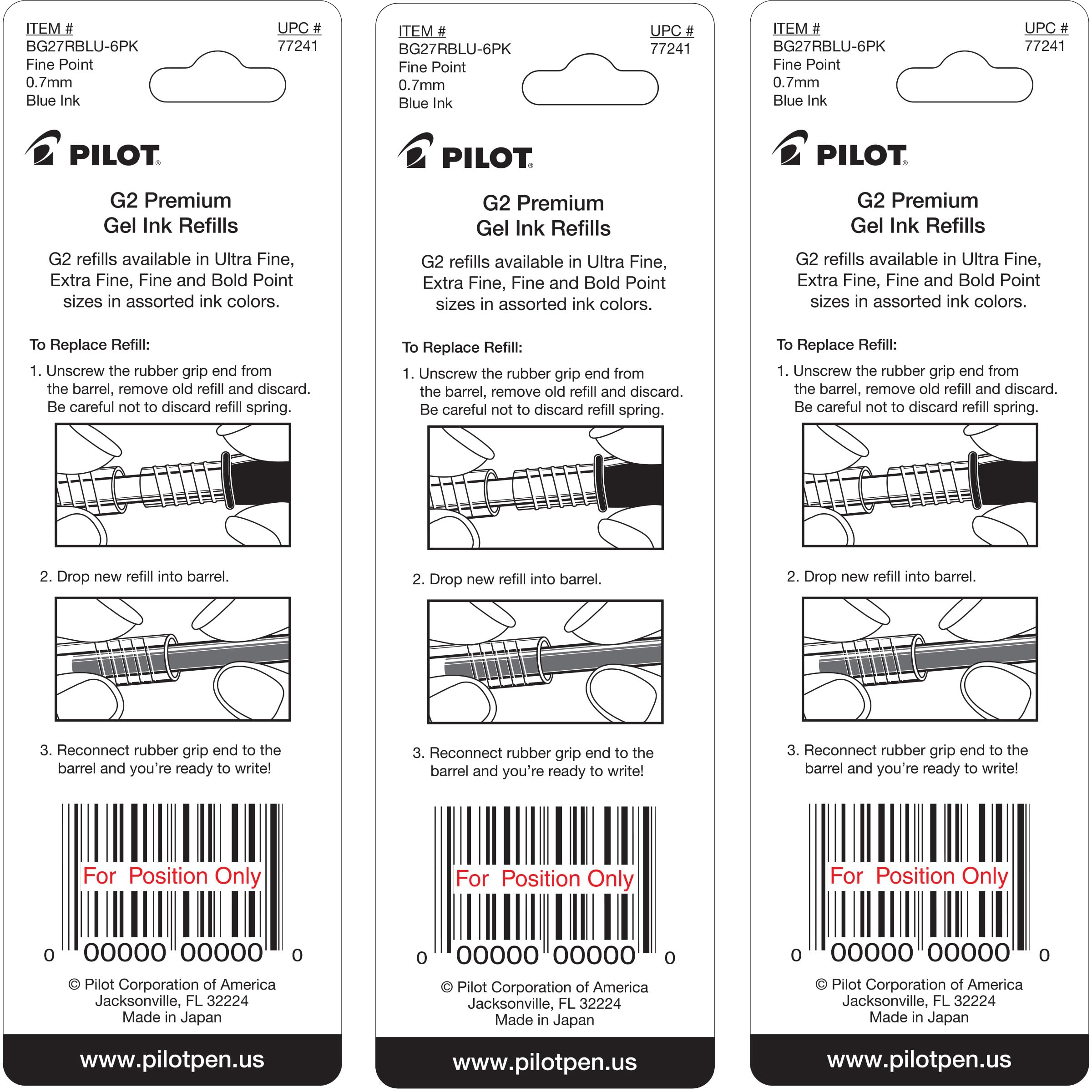 Pilot G2 Gel Ink Pen Refills, Fine Point, 0.7mm, Blue Ink, 6 Refills