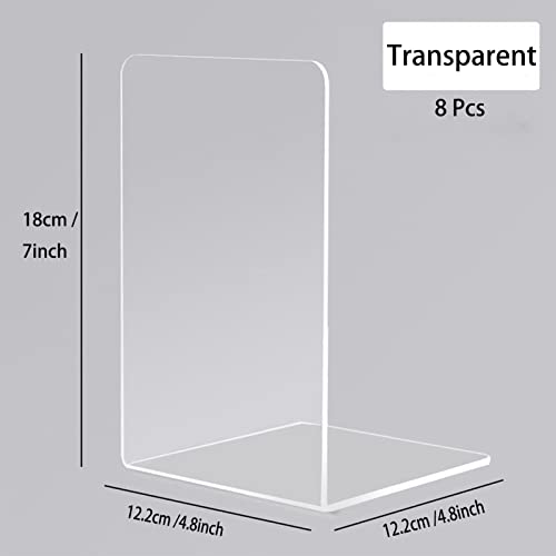 8 Pcs Book Ends Clear Bookends Acrylic Bookends for Shelves, Heavy Duty Bookends Plastic Bookends for Home Office Library Decorative,7 x 4.8 x 4.8 INES