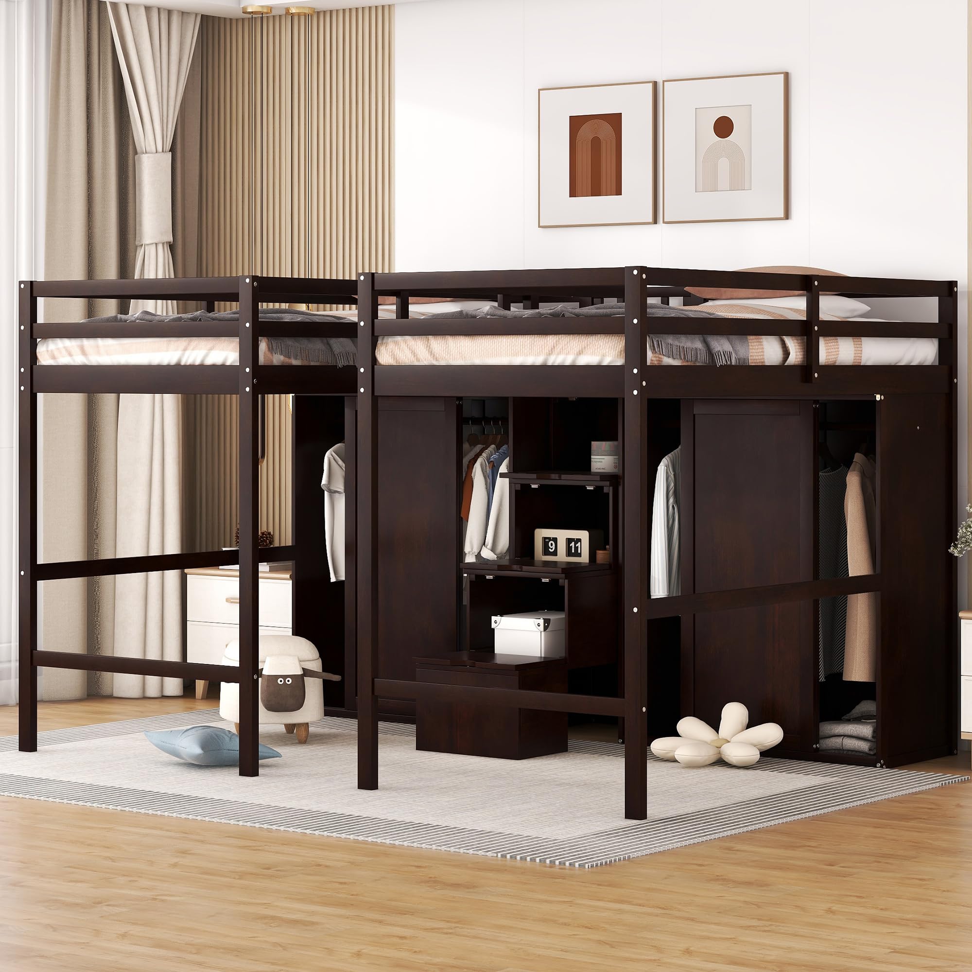 Lifeand Double Twin Loft Beds with Wardrobes and Staircase, Espresso