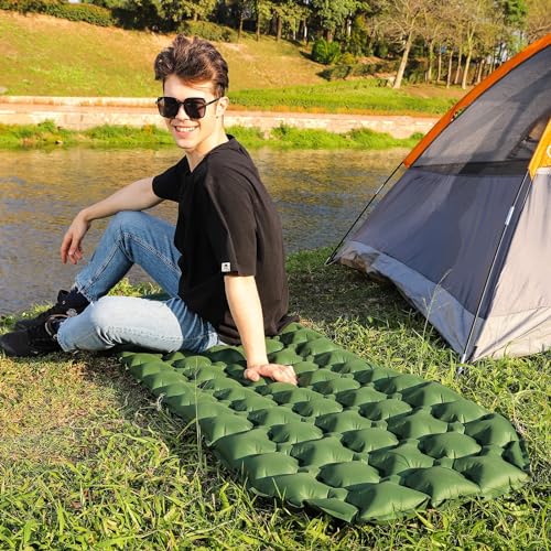 Amazon Basics Sleeping Pad, Folding,Inflatable,Built-In Foot Pump, Single, Olive Green