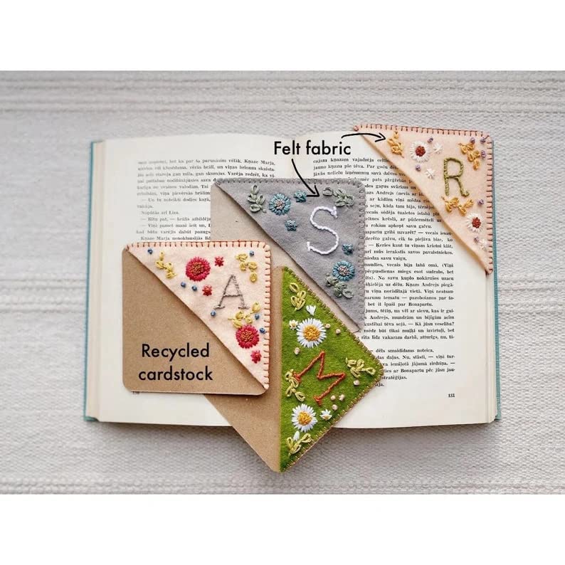 Personalized Hand Embroidered Corner Bookmark, Hand Stitched Felt Corner Letter Bookmark, Felt Triangle Bookmark, Cute Flower Letter Embroidery Bookmarks for Book Lovers