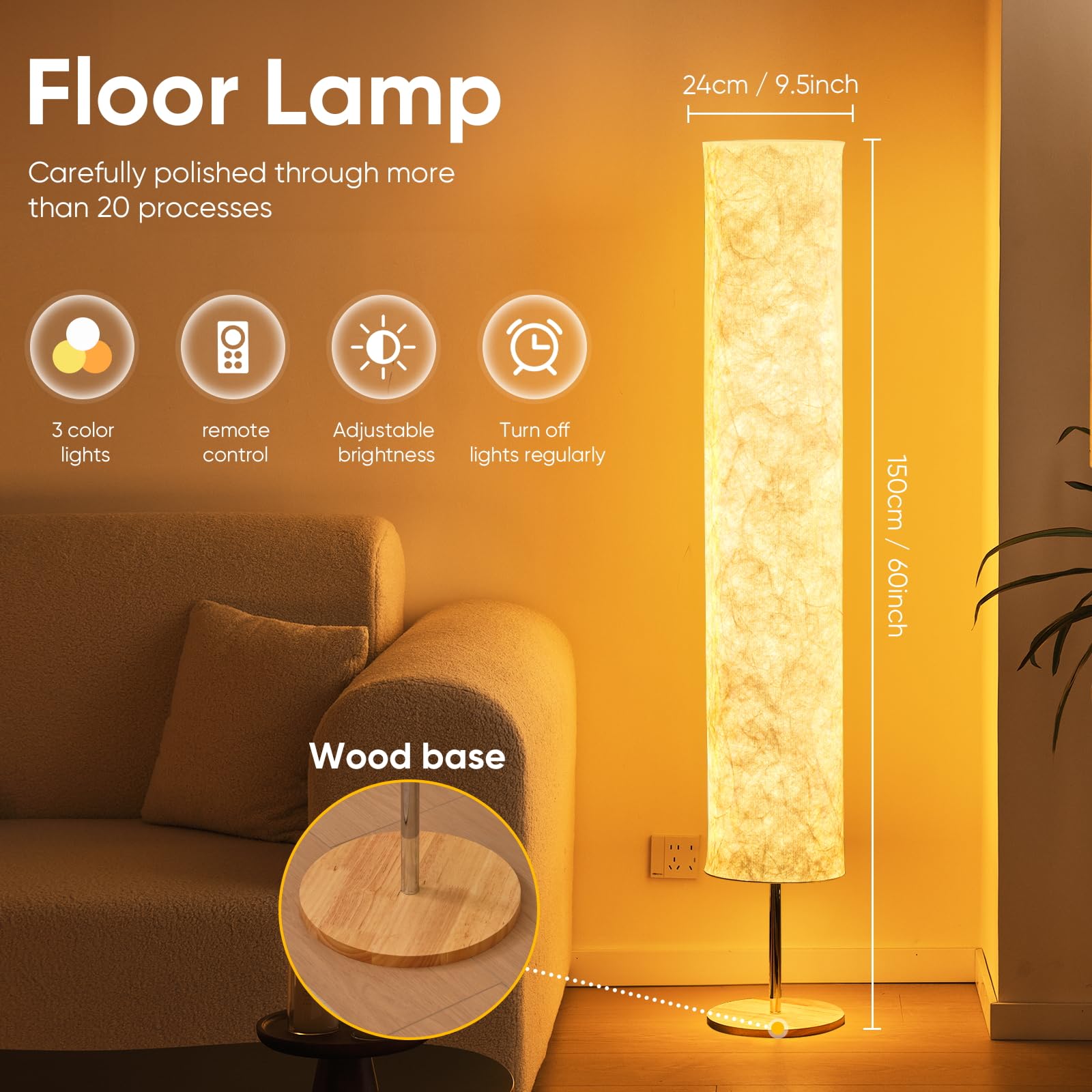 LED Soft Light Floor Lamp, 52" Simple Design Morden Slim RGB 16 Color Changing Tyvek Fabric Shade Dimmable Remote Control & 2 Smart LED Bulbs Standing Lamp for Living Room Bedroom Game Room